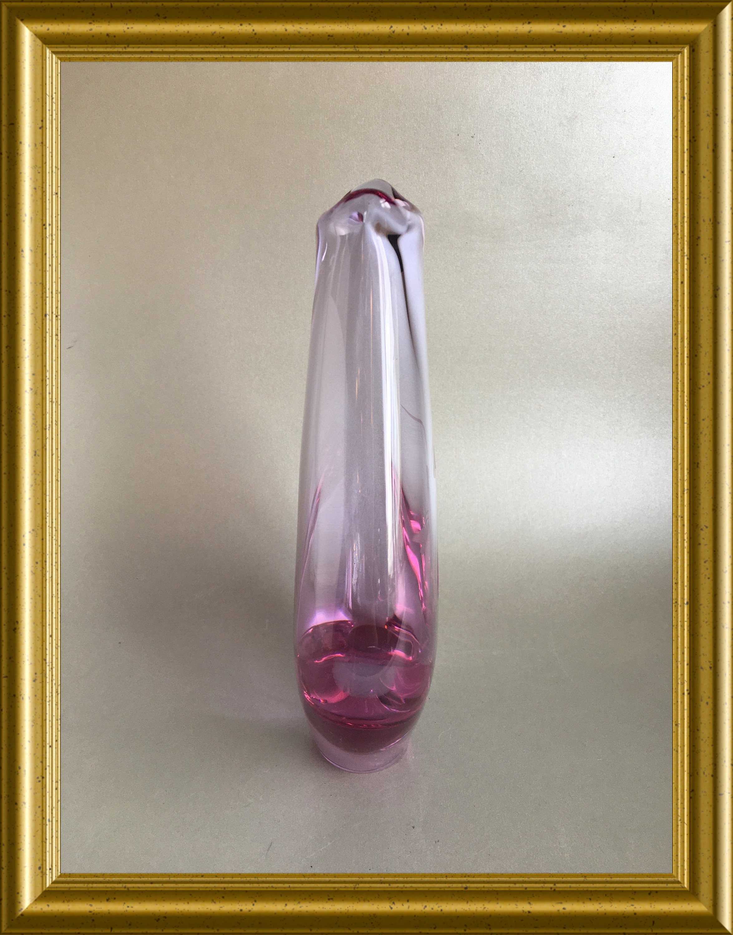Vintage lilac glass design vase: Miloslav Klinger, ZBS, etched birds, crane