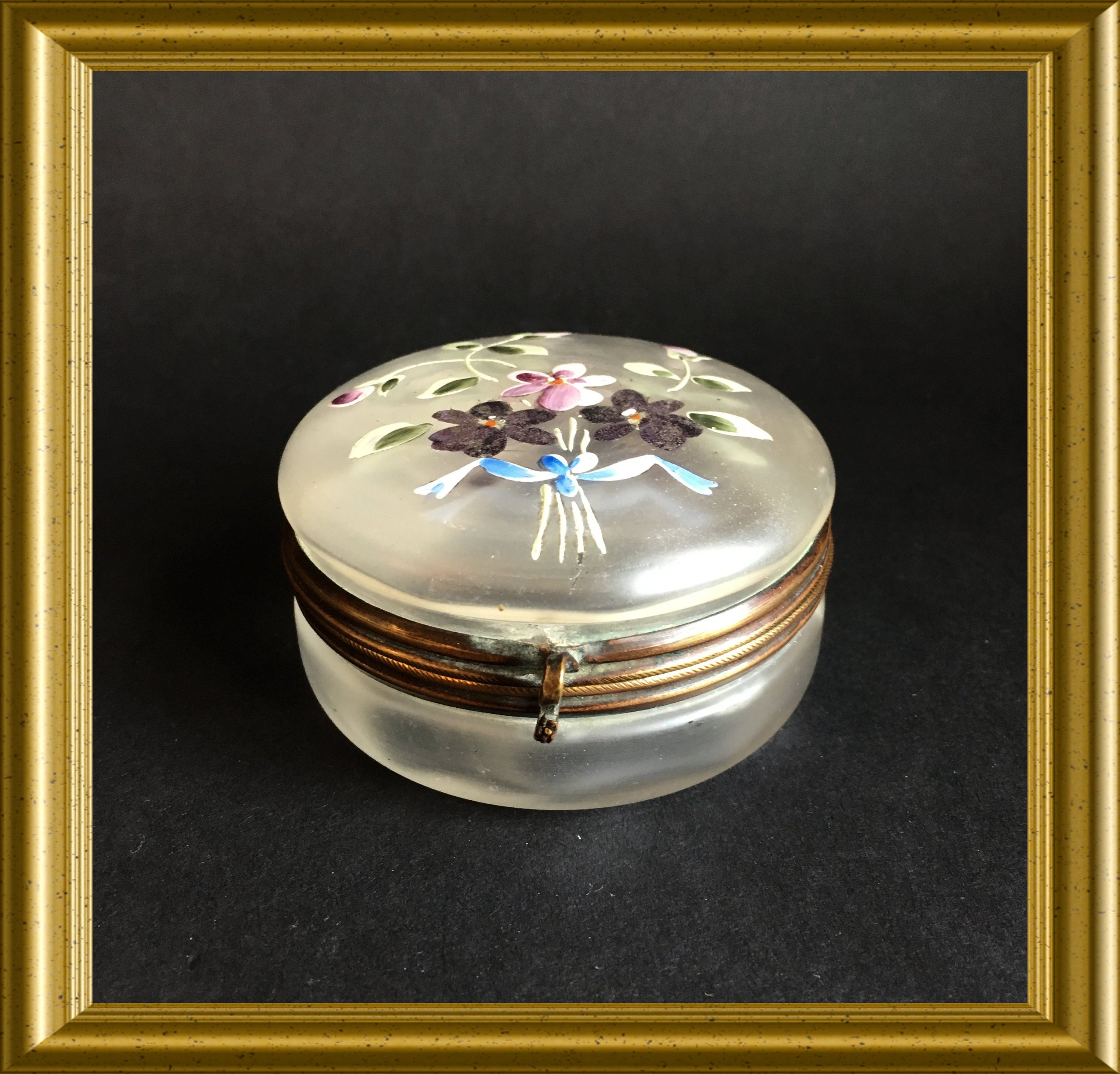 Antique glass box, powder compact, enamel flower decoration