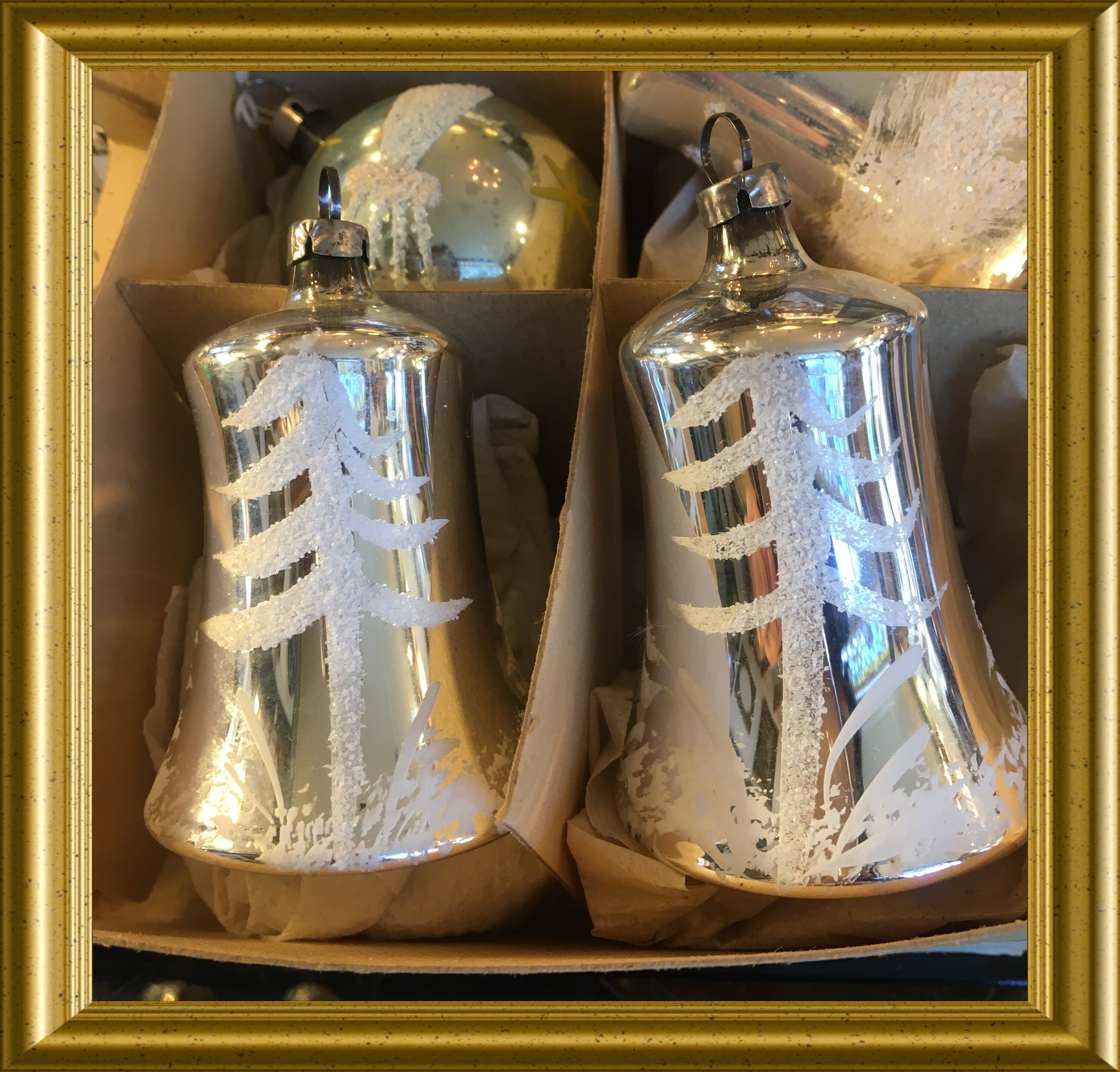 Two vintage glass christmas ornaments: bells