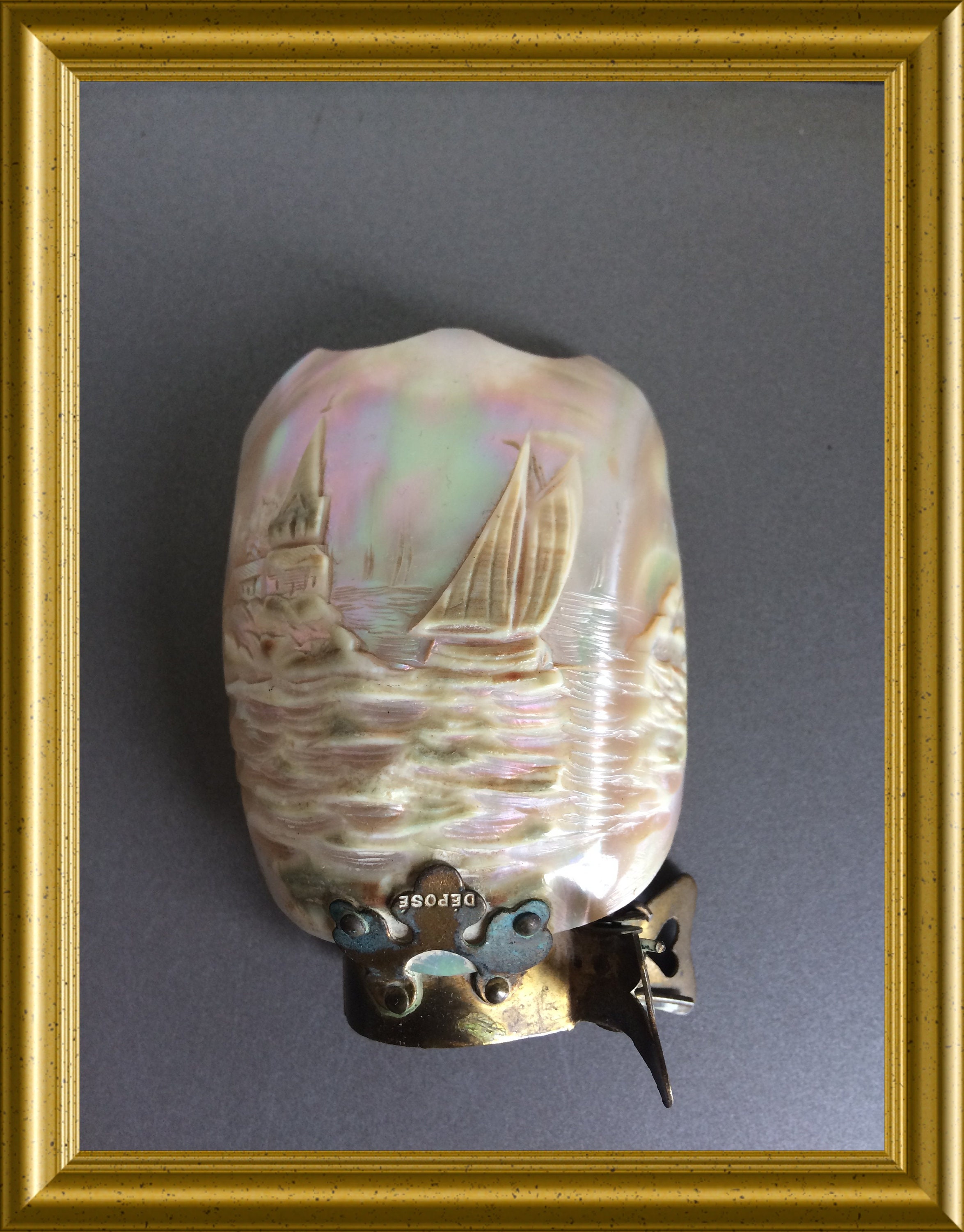 Antique candle shield, carved shell, mother of pearl