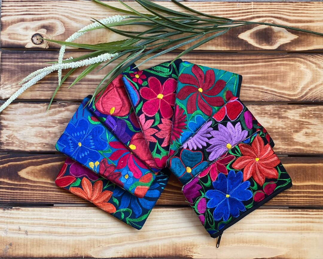 Embroidered Velvet Wallet: Handmade Floral Coin Bag, Chiapas Mexico - Etsy