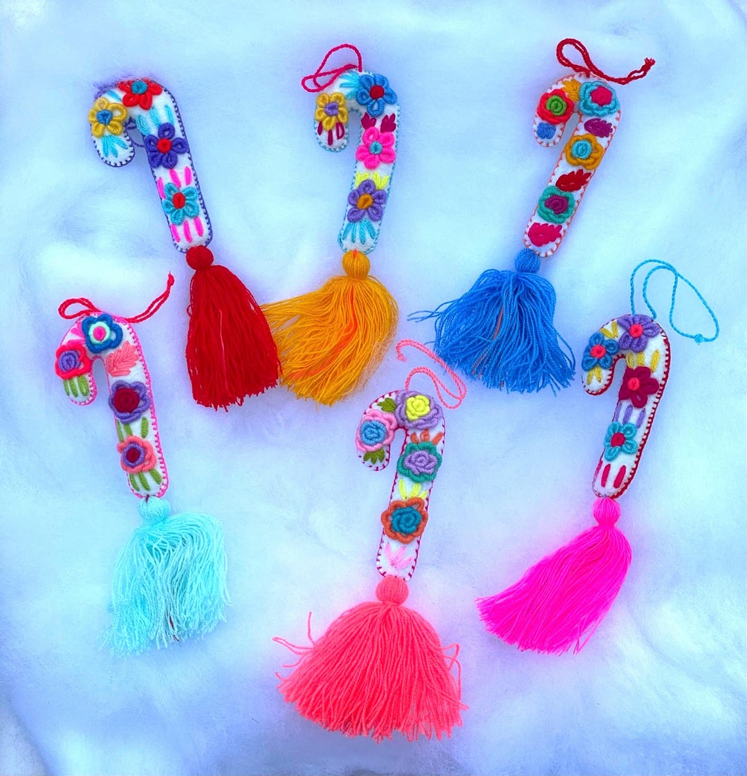 Felt Candy Cane Ornament: Mexican Rococo Embroidery, Pom Pom Tassel - Etsy