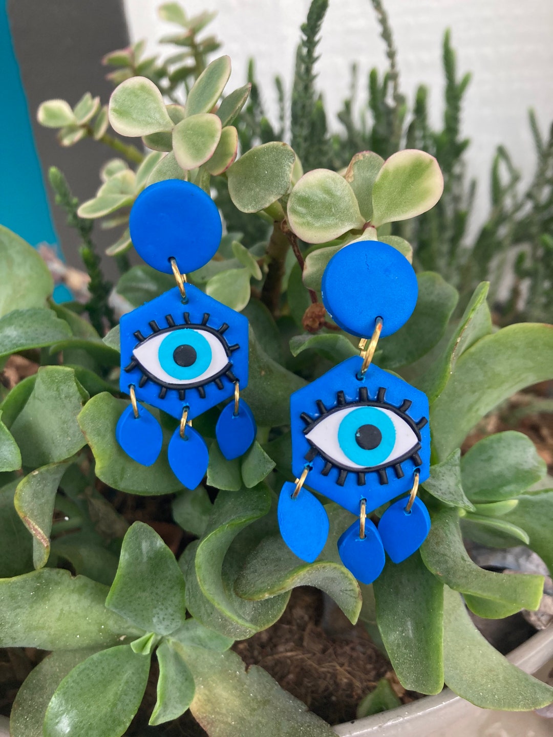 Evil Eye Royal Blue Hexagon Mexican Drop Polymer Clay Handmade - Etsy