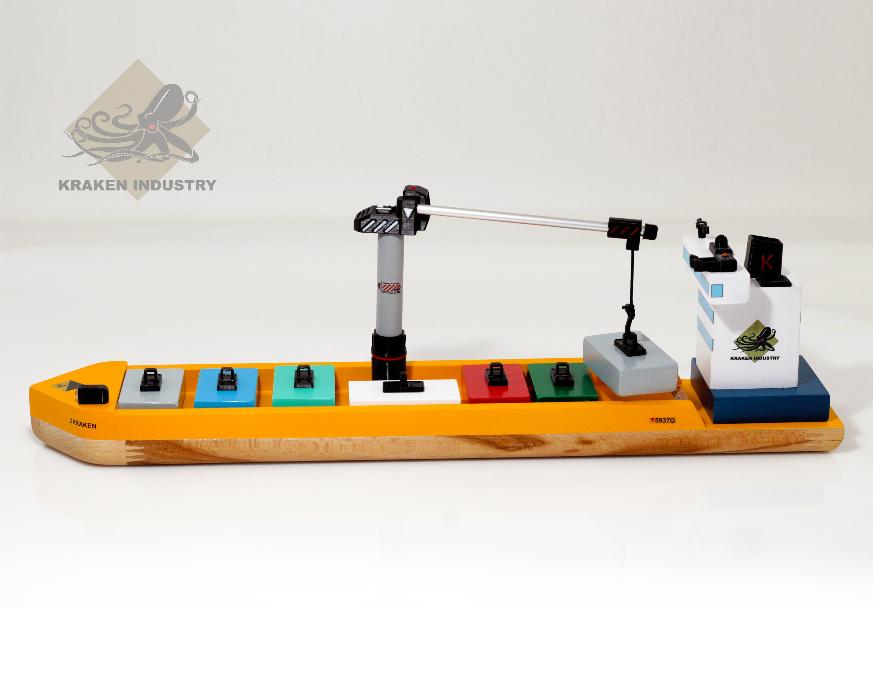 Container Wood Ship Toy, Wooden Ship Toy With Crane, Cargo Ship ...