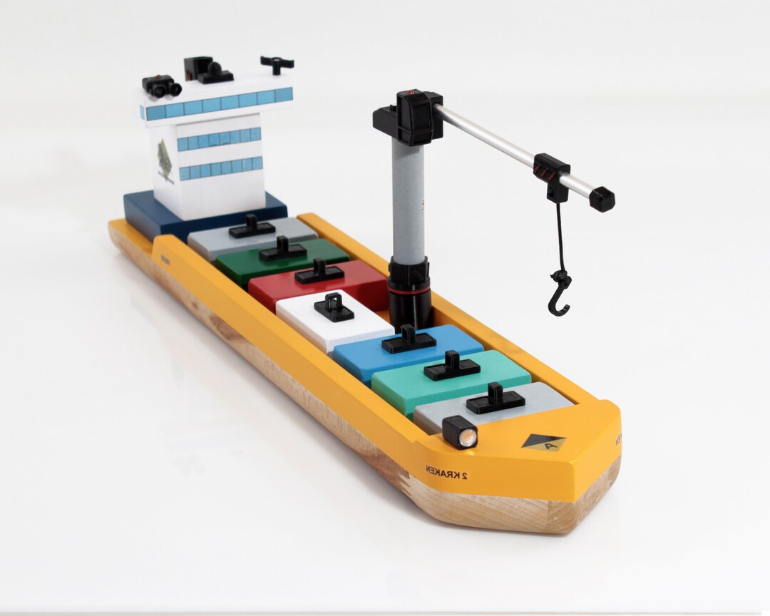 Container Wood Ship Toy, Wooden Ship Toy With Crane, Cargo Ship ...