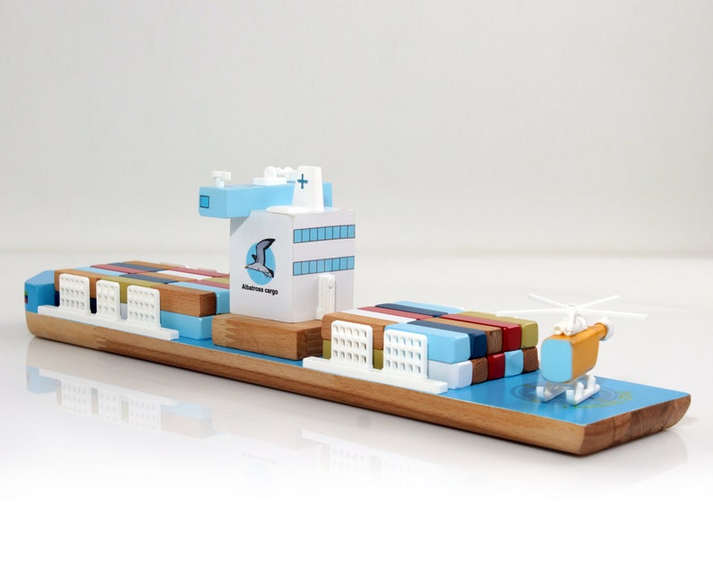 Container Wood Ship Toy, Wooden Ship Toy, Wooden Cargo Ship, Montessori ...