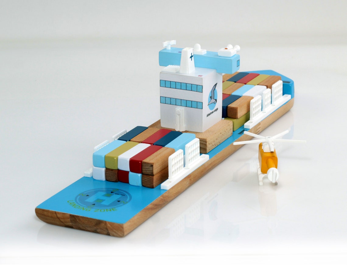 Container Wood Ship Toy, Wooden Ship Toy, Wooden Cargo Ship, Montessori ...