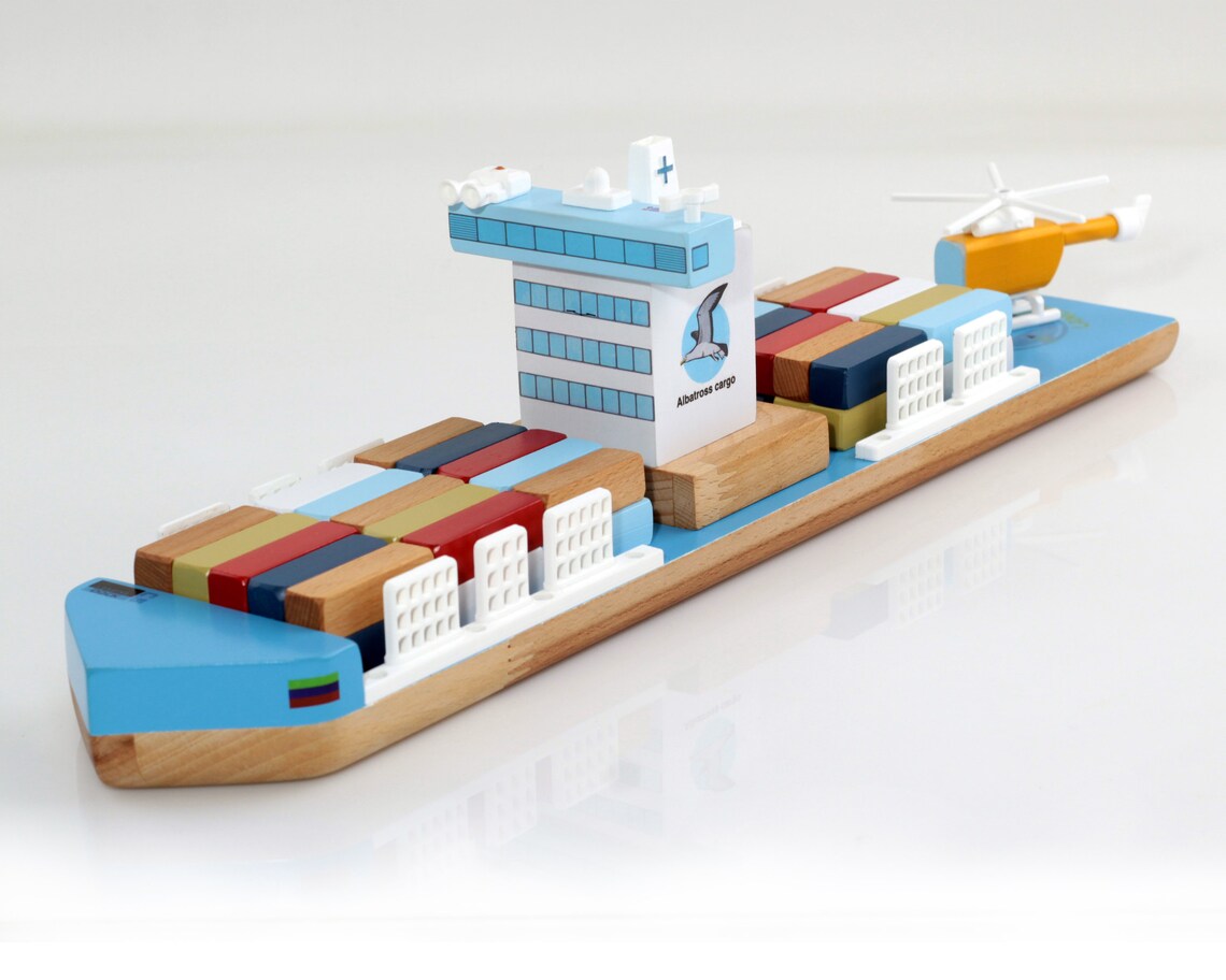 Container Wood Ship Toy, Wooden Ship Toy, Wooden Cargo Ship, Montessori ...