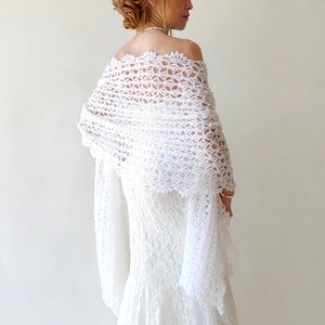 White Wedding Shawl, Winter Bridal Wrap, Lace Evening Scarf, Mohair ...