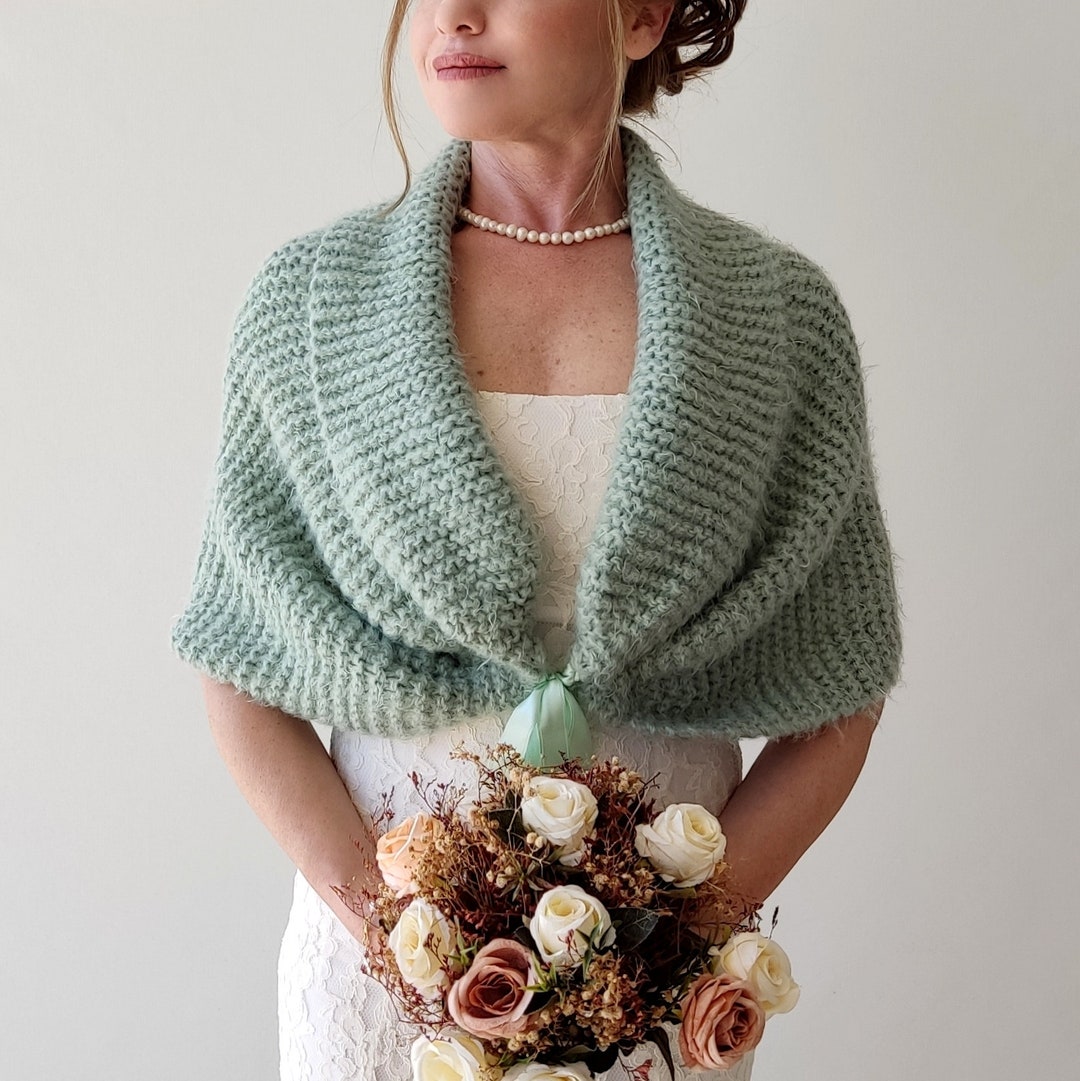 Sage Green Wedding Shawl, Knit Fuzzy Wrap, Mint Bridal Cover Up, Wool ...