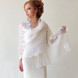 White Wedding Shawl, Winter Bridal Wrap, Lace Evening Scarf, Mohair ...