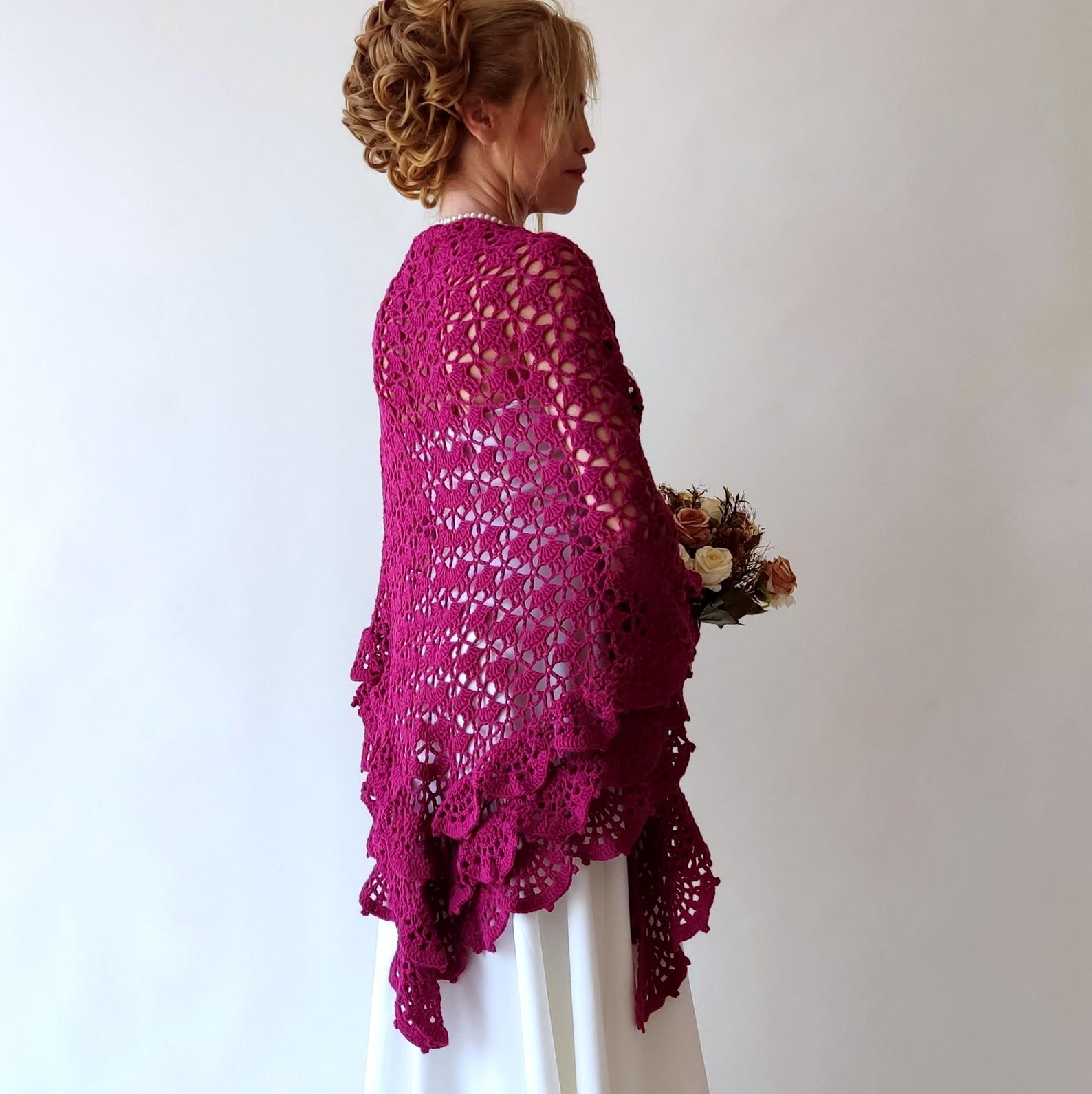 Fuchsia Cotton Shawl, Hot Pink Lace Wrap, Evening Scarf, Bridal Wedding ...