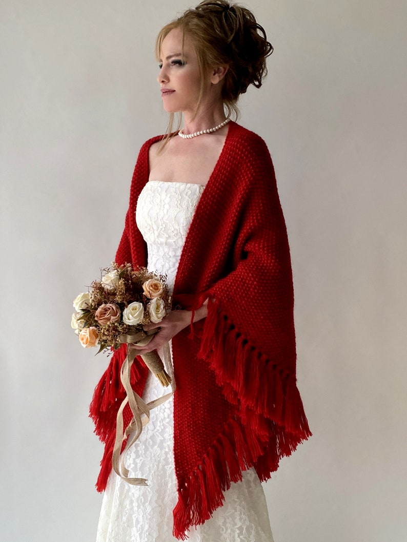 Red Shawl, Knit Evening Wrap, Bridal Cover Up, Wedding Shawl, Fall ...