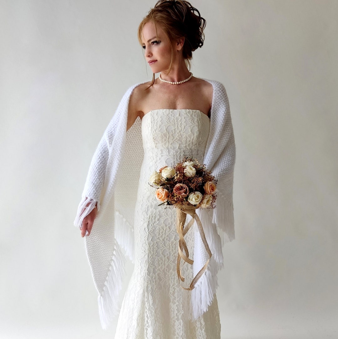 Winter Wedding Shawl, White Knit Wrap, Bridal Cover Up, Wool Shawl ...