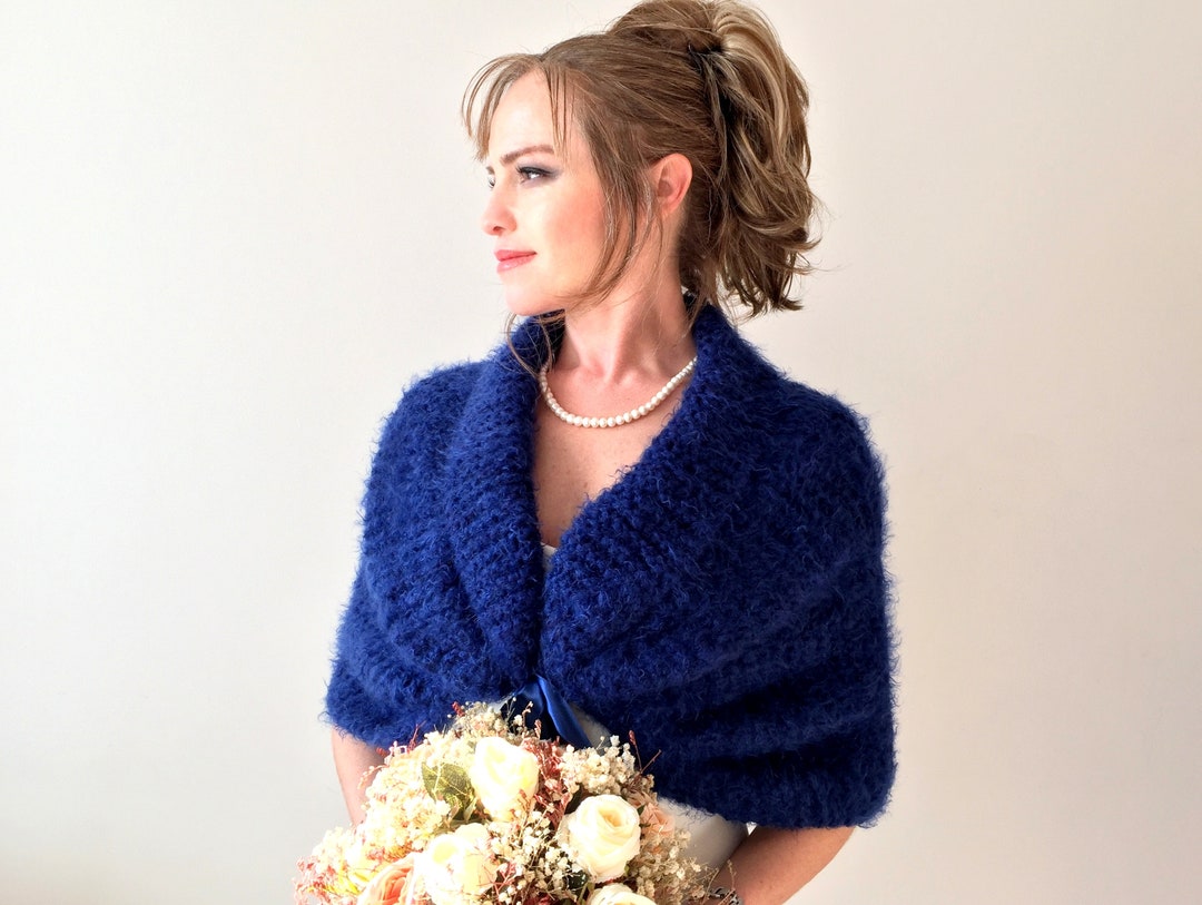 Royal Blue Shawl, Fuzzy Wrap, Bridal Cover Up, Knit Wool Shawl, Fall ...