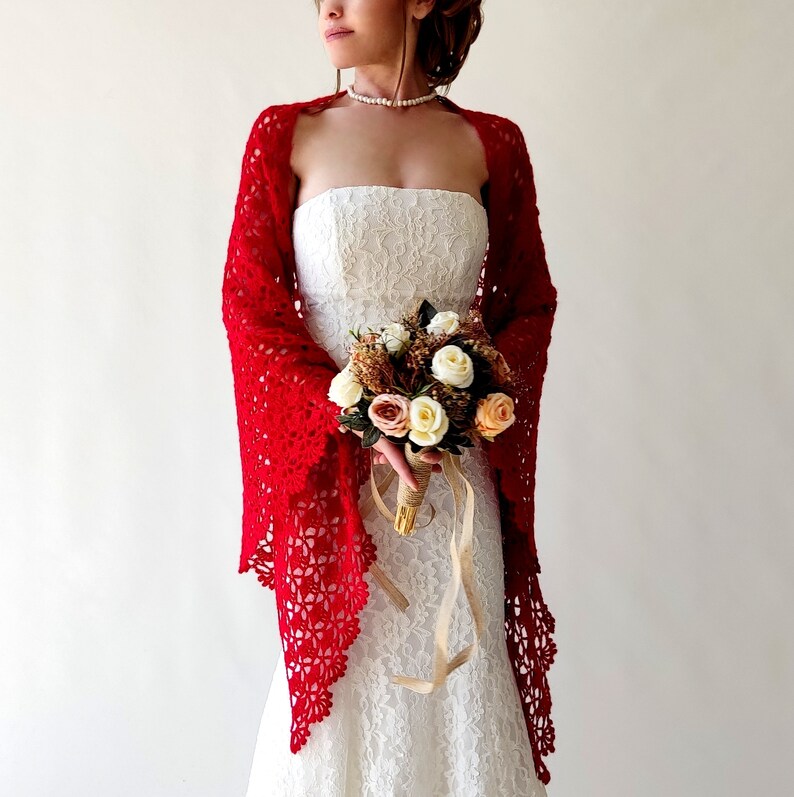 Red Evening Shawl, Bridal Wedding Wrap, Anniversaries Shrug, Mohair ...