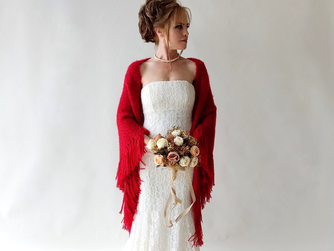Red Shawl, Knit Evening Wrap, Bridal Cover Up, Wedding Shawl, Fall ...