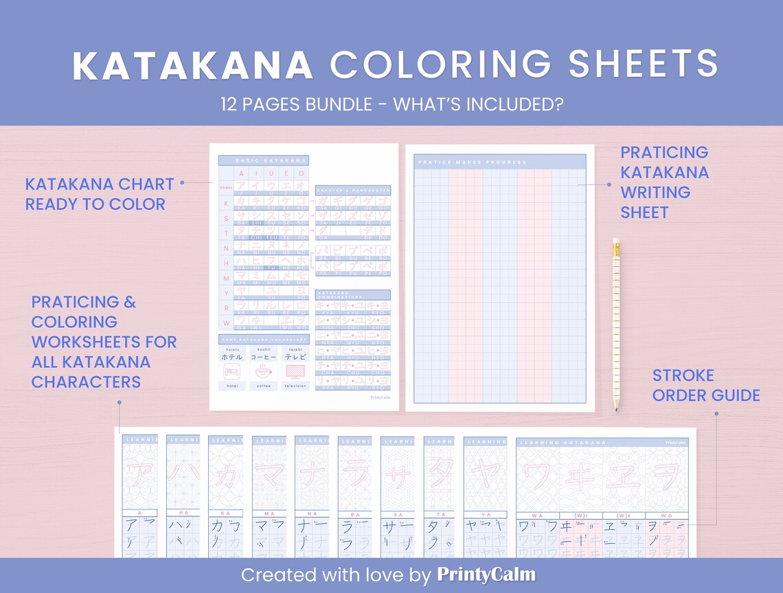 Katakana COLORING Chart Writing & Practicing 12 Pages Bundle Printable ...
