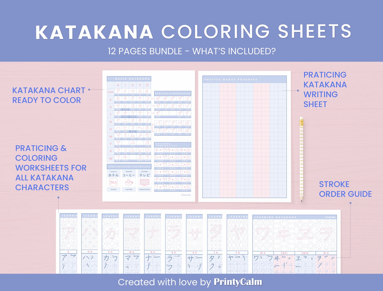 Katakana COLORING Chart Writing & Practicing 12 Pages Bundle Printable ...