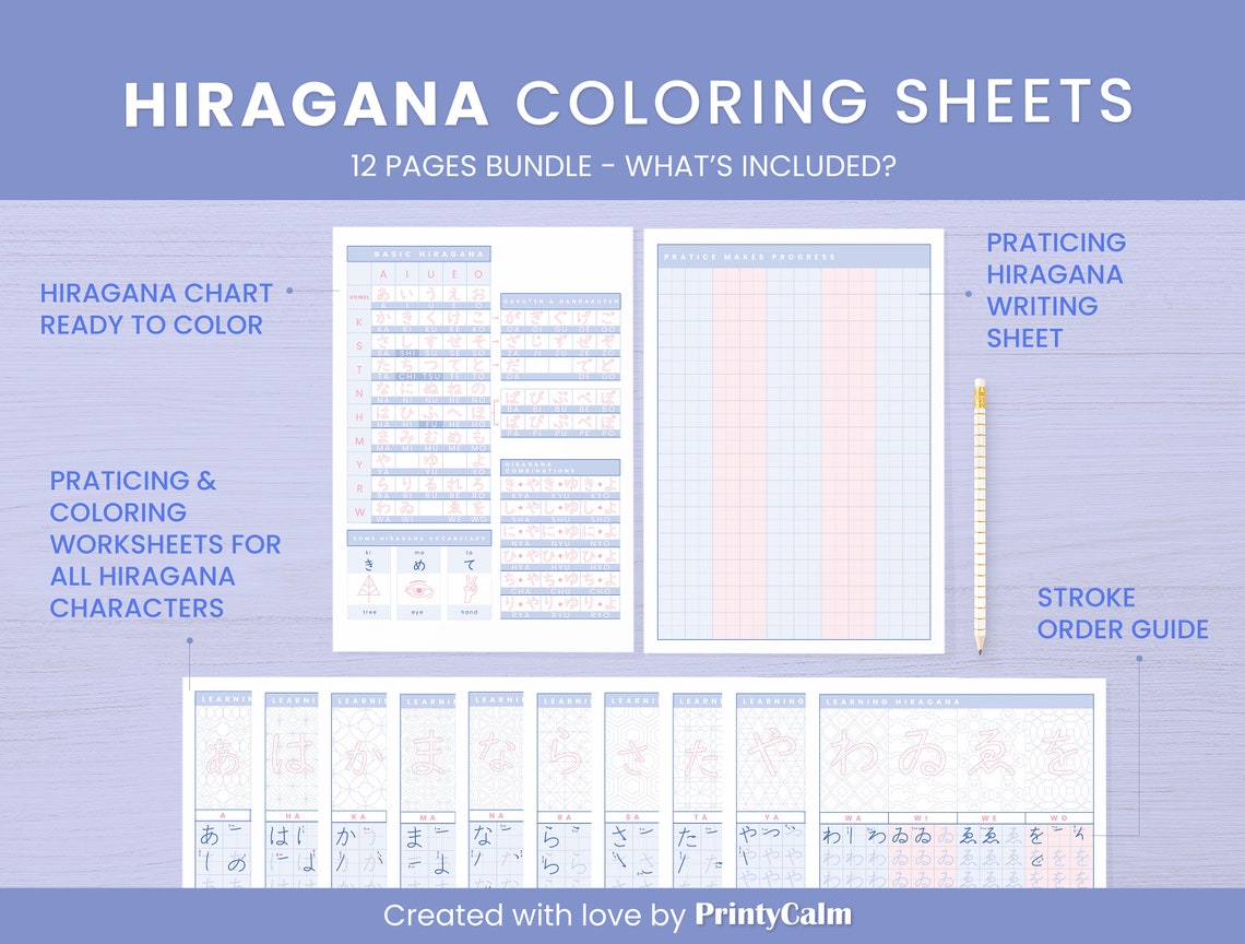 Japanese Hiragana Zen COLORING Chart Hiragana Write & - Etsy