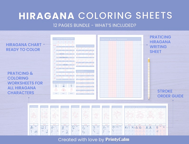 Japanese Hiragana Zen COLORING Chart Hiragana Write & Practice Sheet 12 ...
