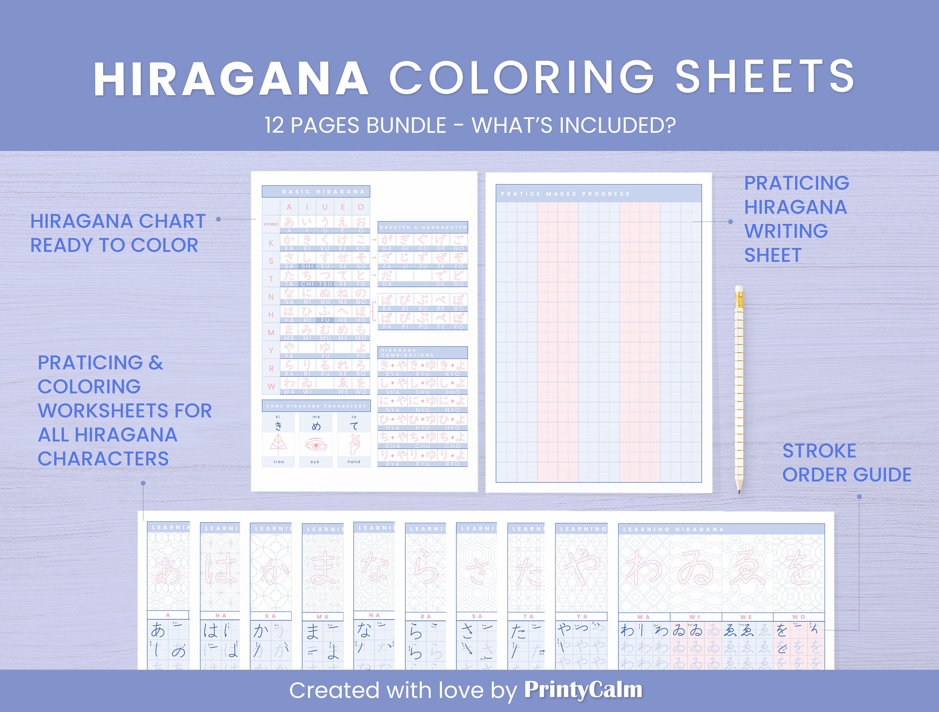 Japanese Hiragana Zen COLORING Chart + Hiragana Write & Practice Sheet ...