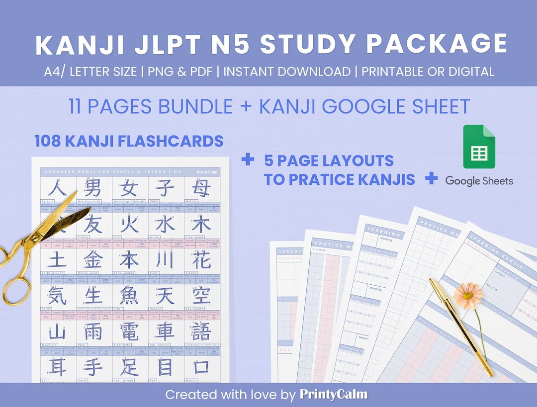 Kanji JLPT N5 Study Package, Japanese N5 Kanji Flashcards With Google ...