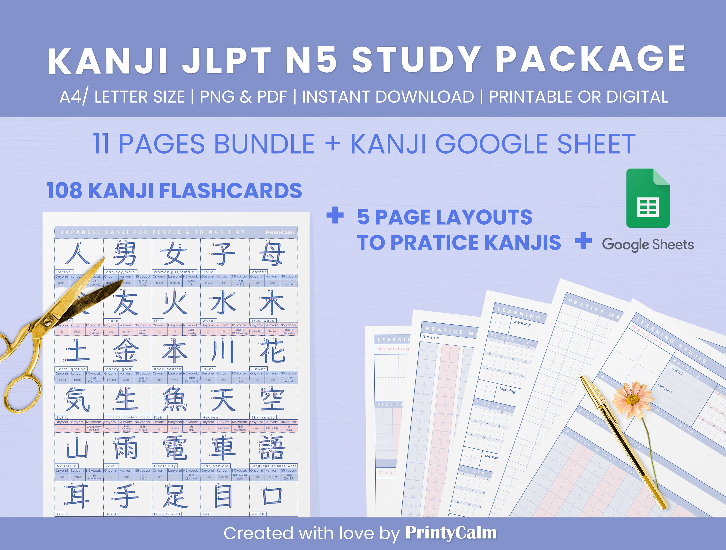 Kanji JLPT N5 Study Package, Japanese N5 Kanji Flashcards With Google ...