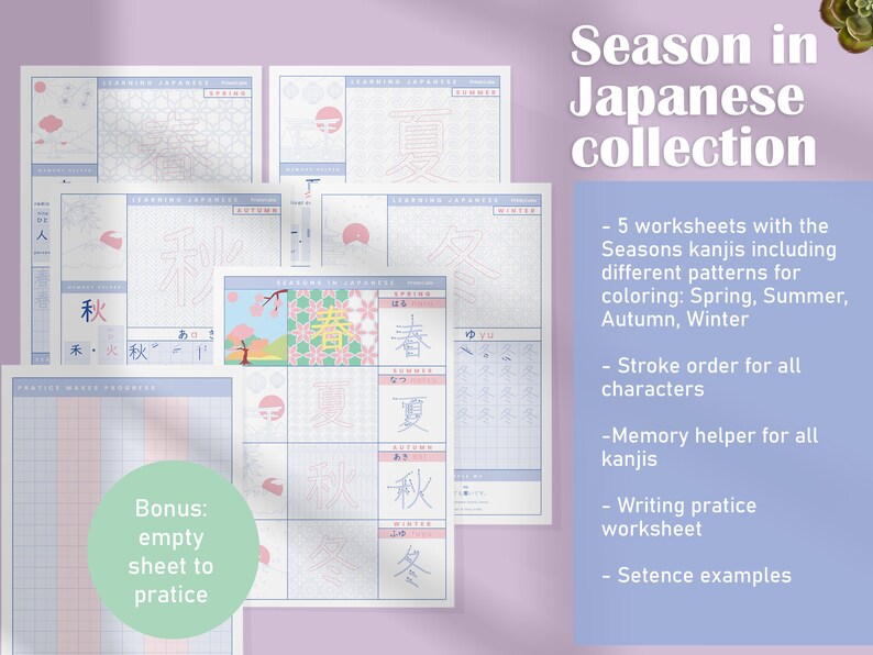 Writing Kanjis Seasons in Japanese Japanese Coloring & Practicing ...