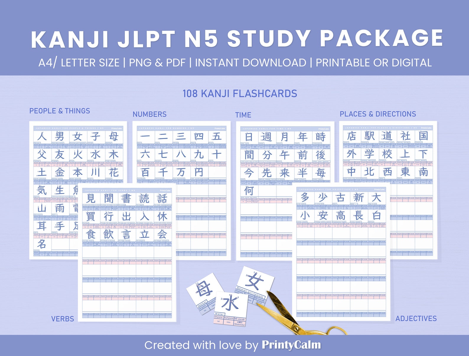 Kanji JLPT N5 Study Package, Japanese N5 Kanji Flashcards With Google ...