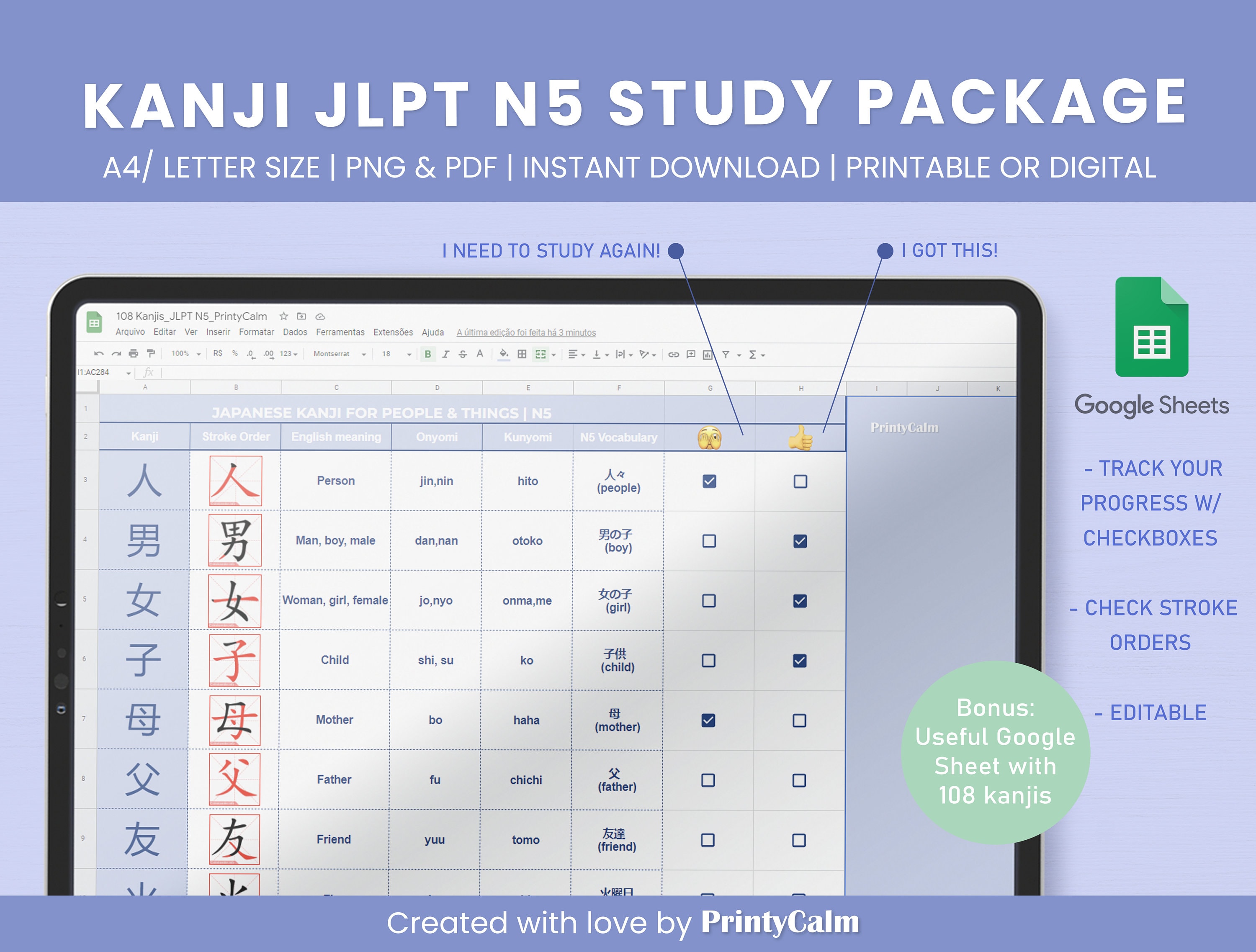 Kanji JLPT N5 Study Package, Japanese N5 Kanji Flashcards With Google ...