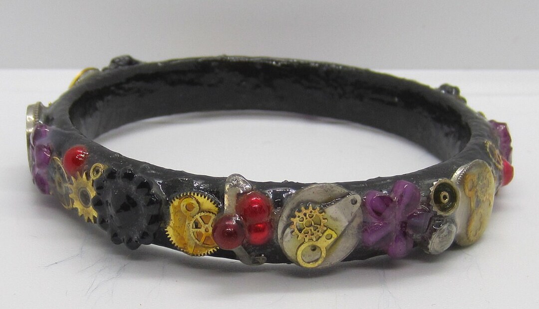Steampunk Bracelet Black Goth Gears Beads Faux Gems Mechanical - Etsy