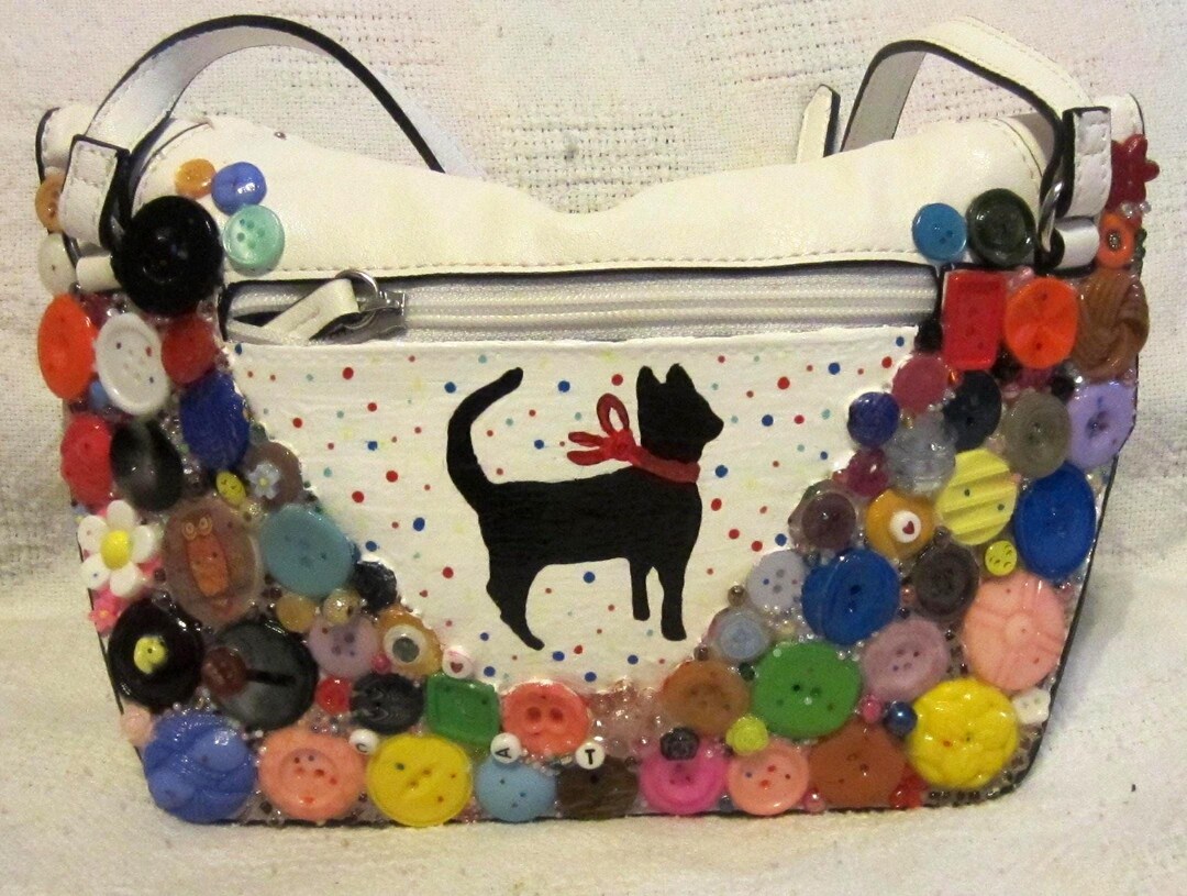 Buttons Purse Cat Shoulder Bag White Faux Leather Purse Button Art ...