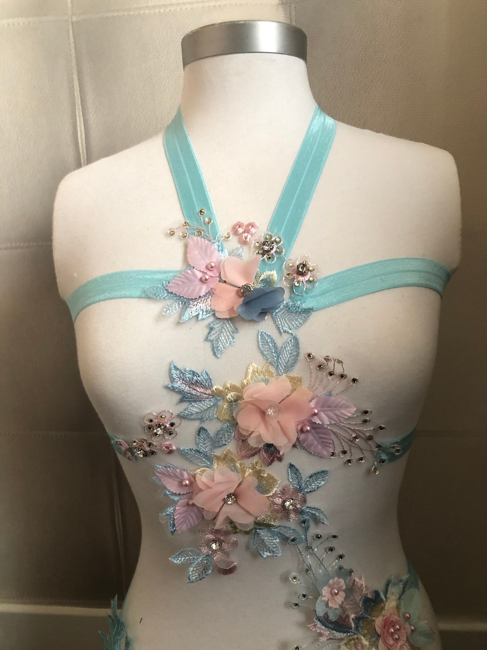 Sky Blue Elastic Body Harness Embroidered With Flowers | Etsy