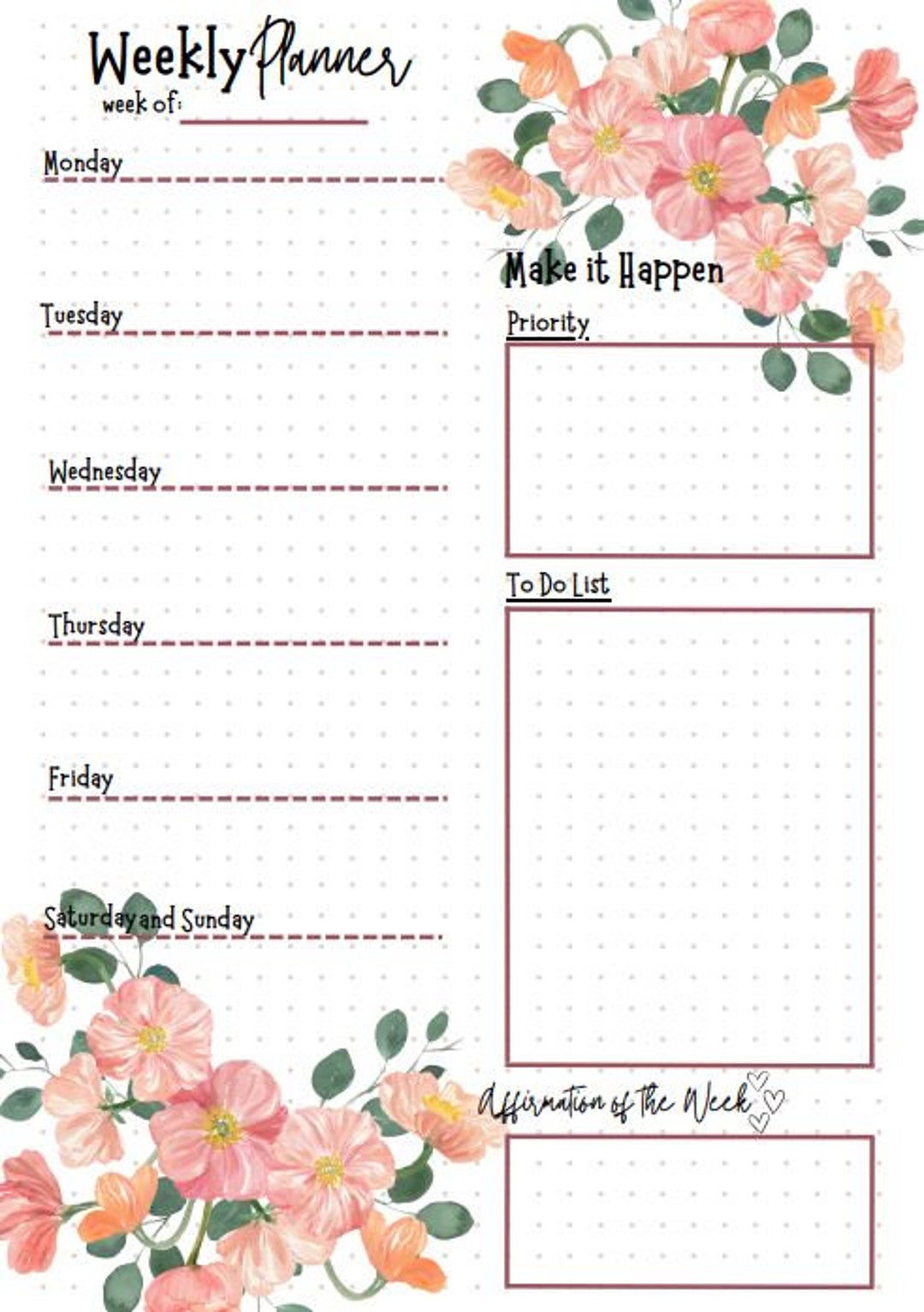 Weekly Planner Sheet With Floral Design - Etsy
