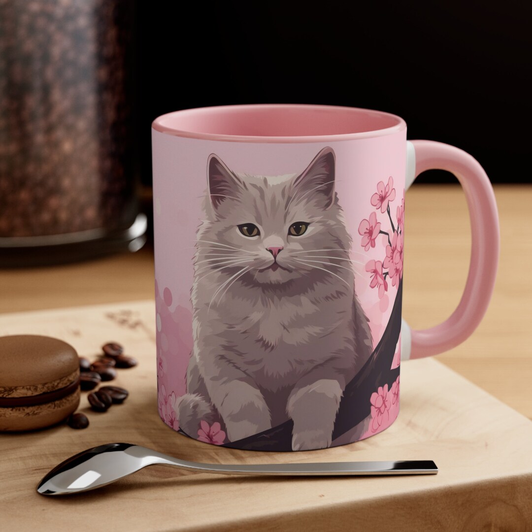 Cute Cat Mug, Japan Mug, Pink Mug, Cute Cat Sakura Drinkware, Pink ...