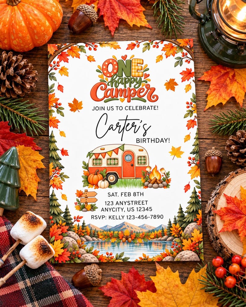 Camping Birthday Invitation Canva Template, One Happy Camper Invite ...