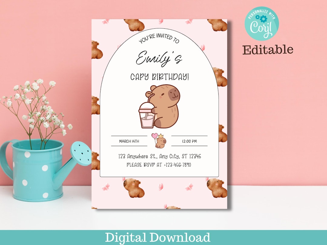 Editable Pink Printable Capybara Party Invite, Editable Cute Animal ...