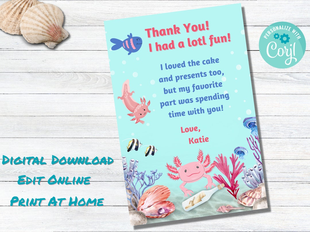 Axolotl Birthday Thank You DOWNLOAD, Ocean Party Thank You, Underwater ...