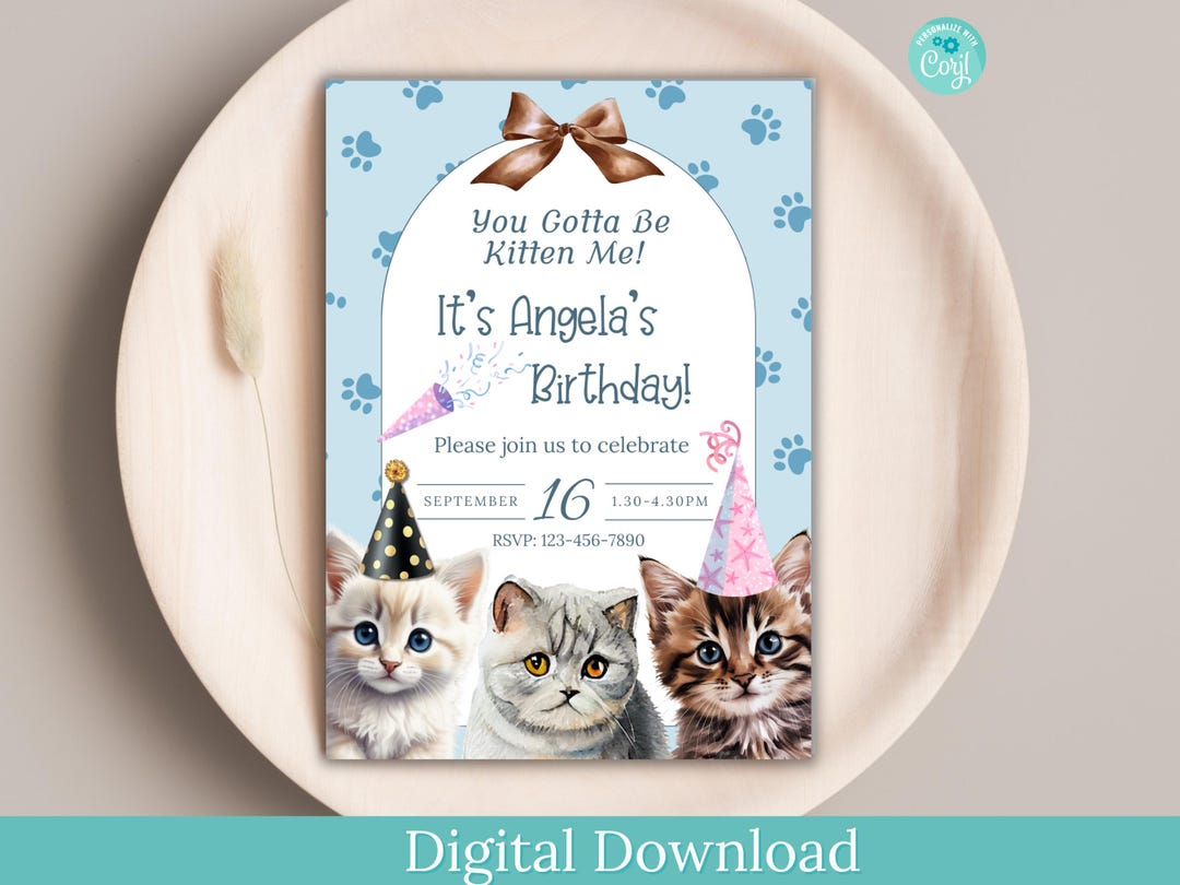Editable Kitty Cat Party Invite - Cat Birthday Card Invites Digital ...