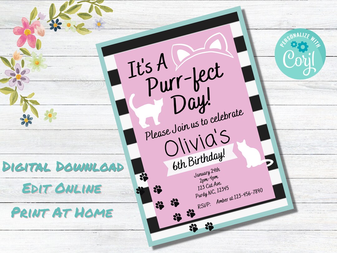 Cat Birthday Invitation Download, Cat Party Invitation, Kitten Party ...
