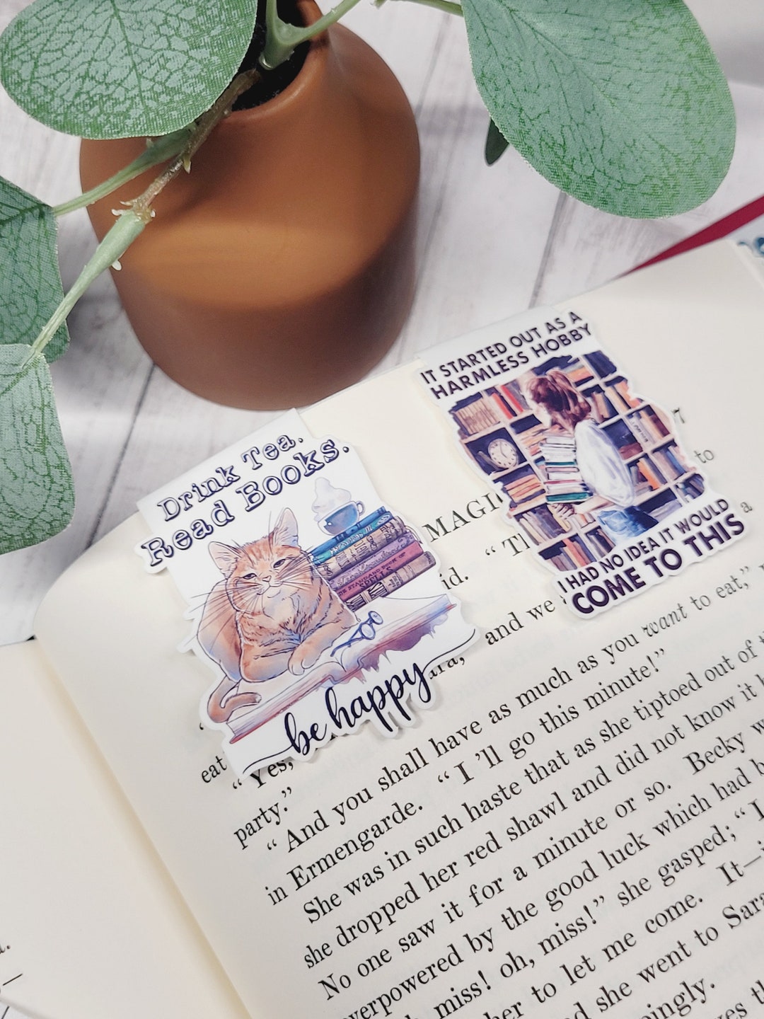 Book Themed Bookmark, Book Bookmark, Magnetic Cat Bookmark, Drink Tea ...