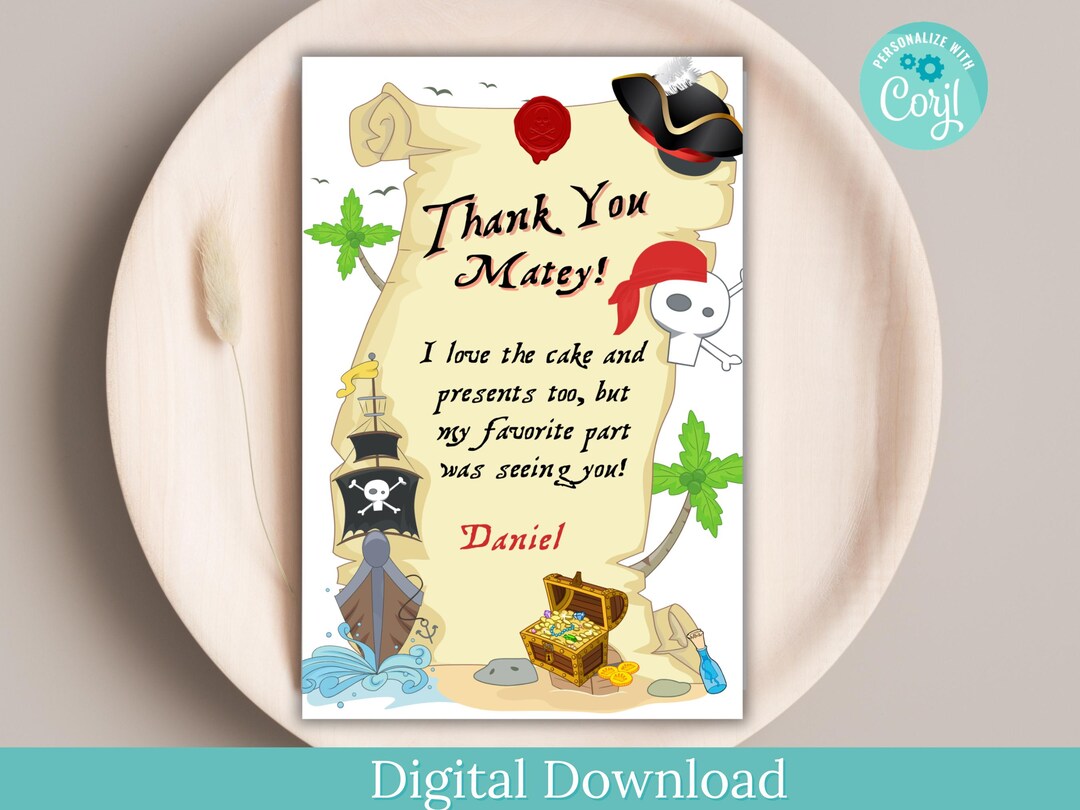 Pirate Birthday Thank You Card, Party Theme (digital Download) - Etsy