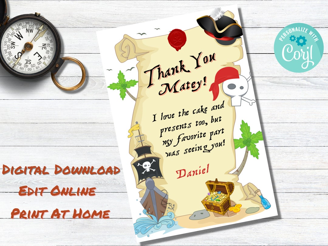 Pirate Birthday Thank You DOWNLOAD, Pirate Party Thank You, Pirate ...