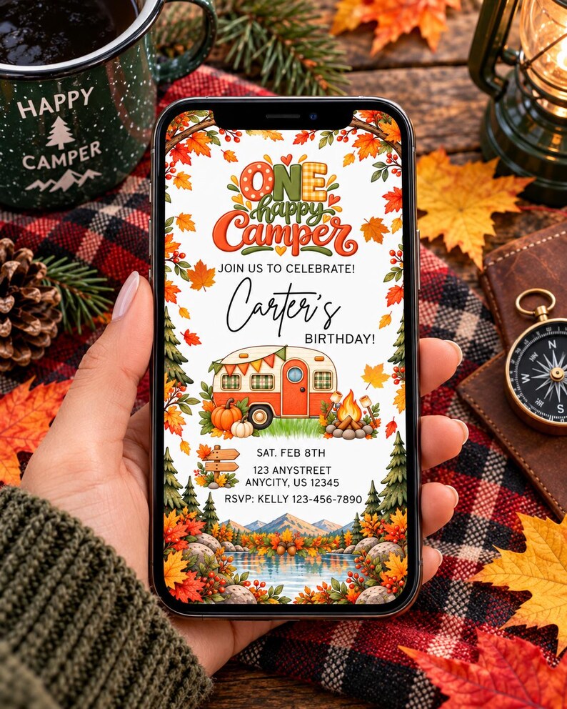Camping Birthday Invitation Canva Template, One Happy Camper Invite ...