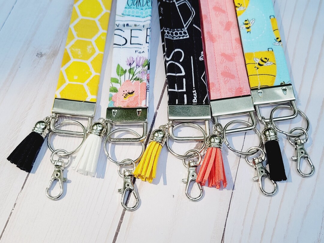 Bee Fabric Key Fob, Honeycomb Key Fob Wristlet, Fabric Bee Lanyard, Bee ...