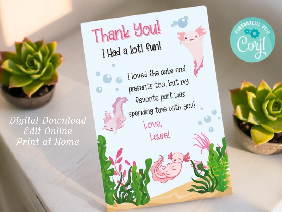 Axolotl Birthday Thank You DOWNLOAD, Ocean Party Thank You, Underwater ...