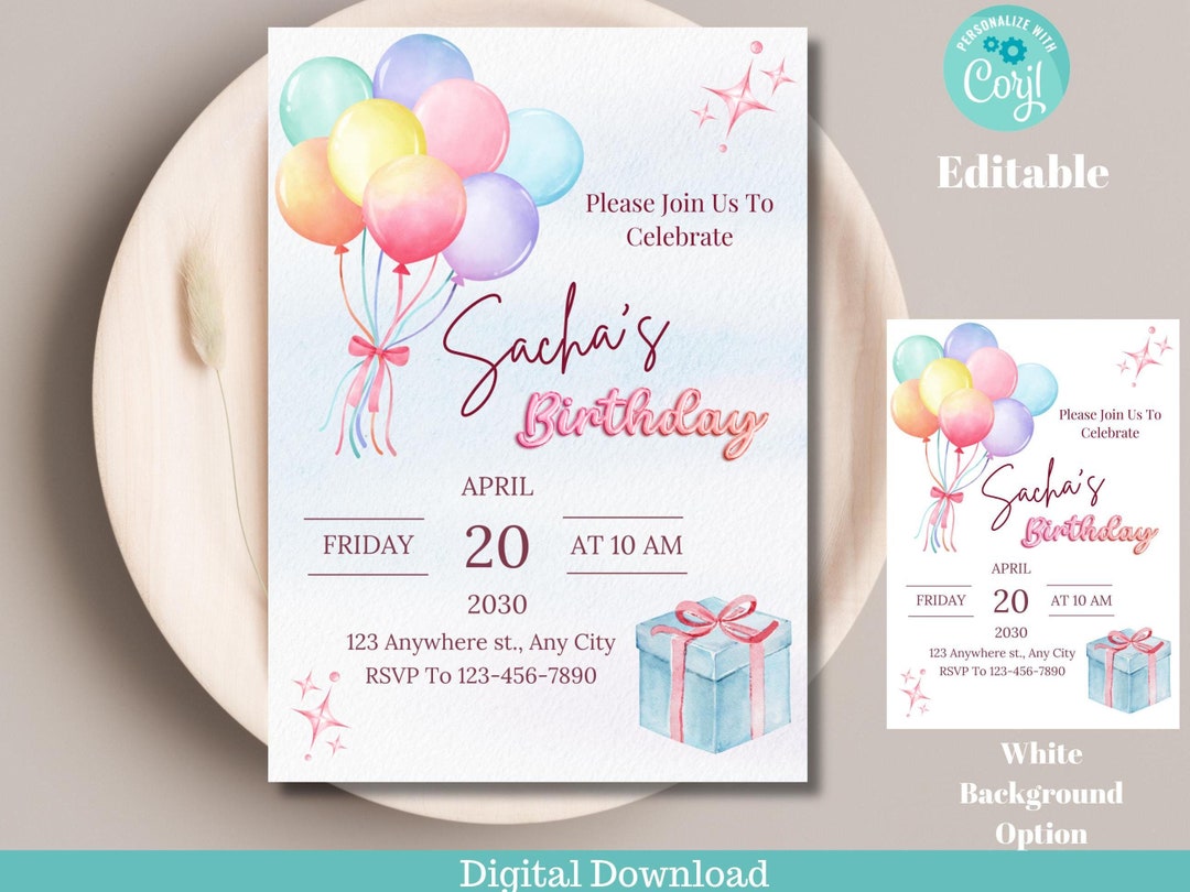 Editable Pastel Balloon Birthday Invitation (digital Download) - Etsy