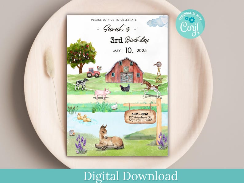 Farm Animal Birthday Invitation, Watercolor Barnyard (editable Digital ...