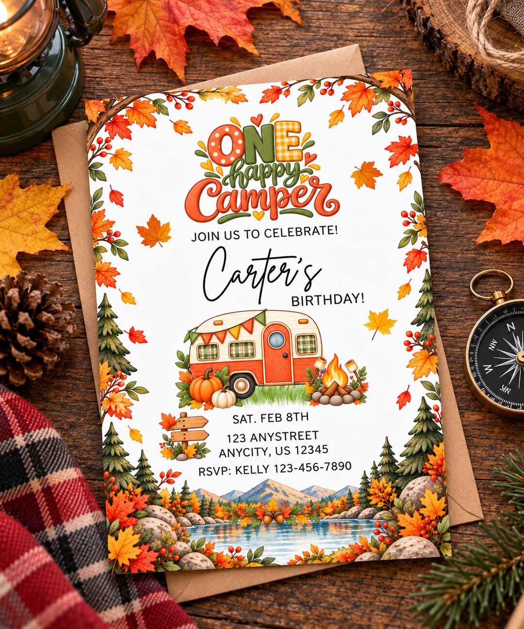 Camping Birthday Invitation Canva Template, One Happy Camper Invite ...